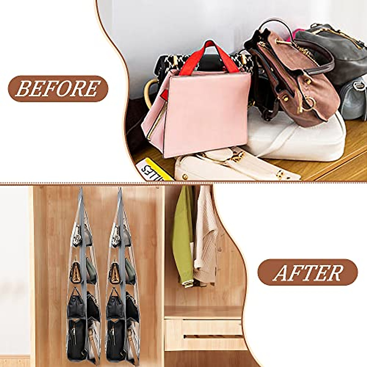 Ceuku Hanging Handbag Organizer 2 Pcs Hanging Purse Organizer with 8 Easy Access Pockets Dustproof Hanging Bag Organizer for Purse Handbag, Purse Organizer for Closet Space Saving Grey 46” L x 13.8” W
