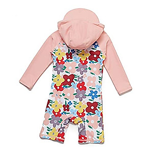 BONVERANO Baby/Toddler Girl's Hooded Swimsuit UPF 50+ Sun Protection L/S One Piece Zip Sunsuit (Pink Flower, 6-9mos)