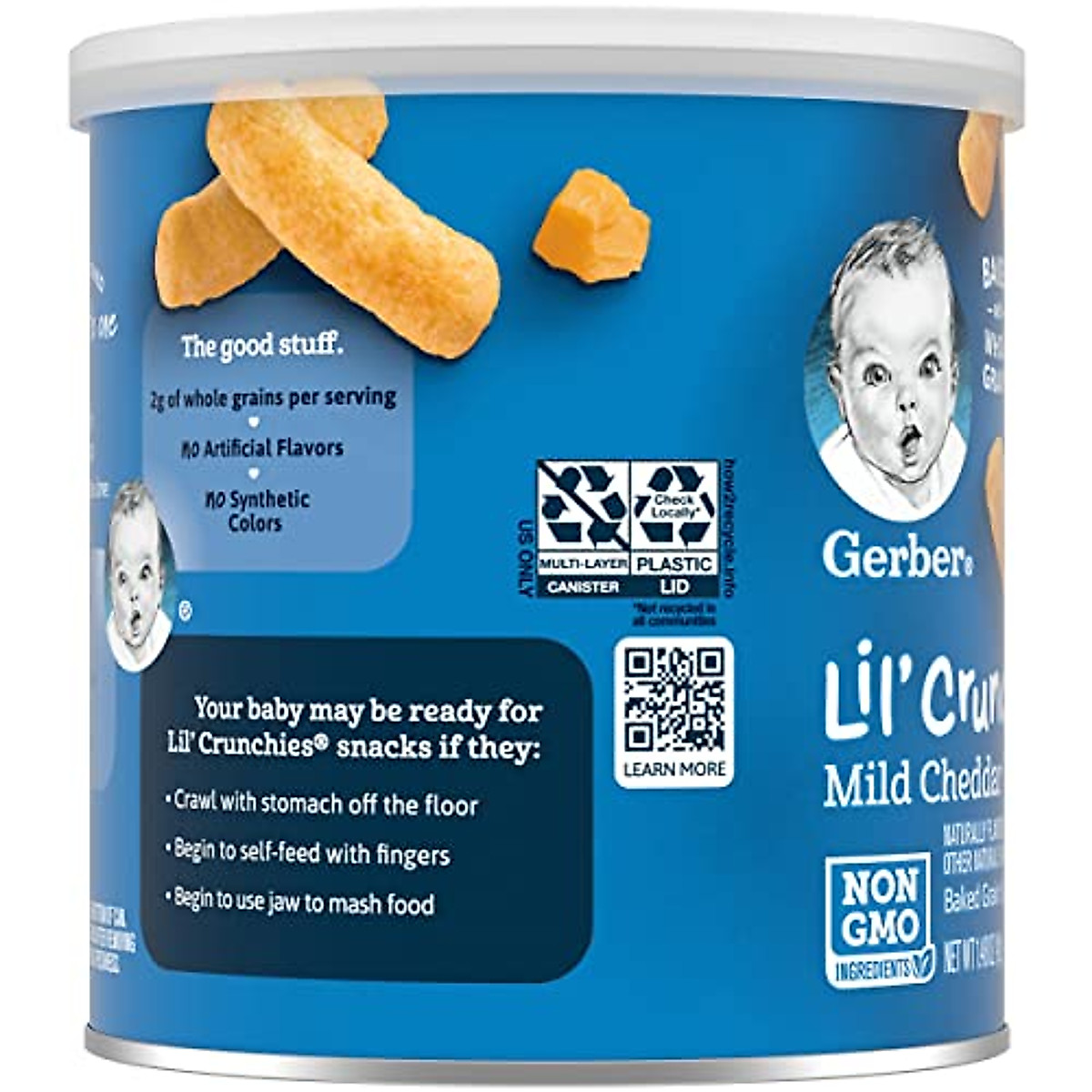 Gerber Lil Crunchies Baked Grain Snack, Mild Cheddar, Baked with Whole Grains & Non GMO Ingredients, For Crawlers 8 Months & Up, 1.48-Ounce Canister (Pack of 2)