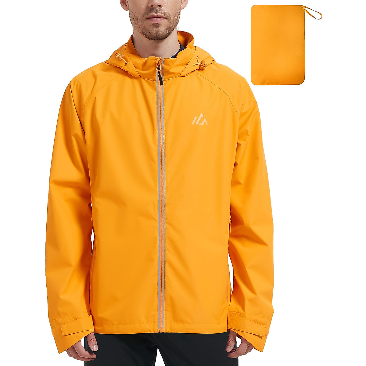 ATLASLAVA Men's Packable Rain Jackets Lightweight Waterproof Reflective Windbreaker Coat with Hood Cycling Running Golf Orange 2XL