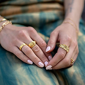 YOUFENG 18k Gold Filled Chunky Dome Ring for Women Croissant Braided Twisted Stacking Band for Women Statement Ring Size 9