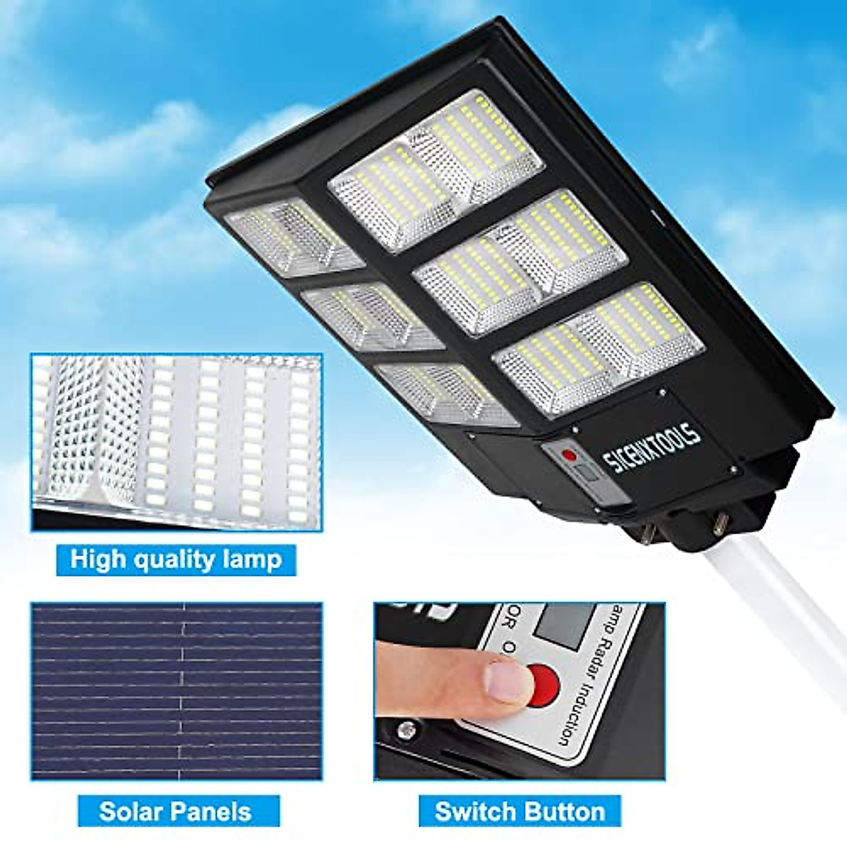 SICENXTOOLS 600W Solar Street Light Outdoor,Solar Light Outdoor Waterproof Commercial 6500K Dusk to Dawn Solar Outdoor Lights with Motion Sensor Solar Powered Security for Ball Court,Road,Yard