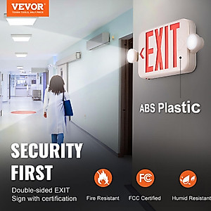VEVOR LED Exit Sign with Emergency Lights, Two LED Adjustable Heads Emergency Exit Light with Battery Backup, Combo Red Letter Fire Exit Lighting, Commercial Exit Signs, 4 Pack