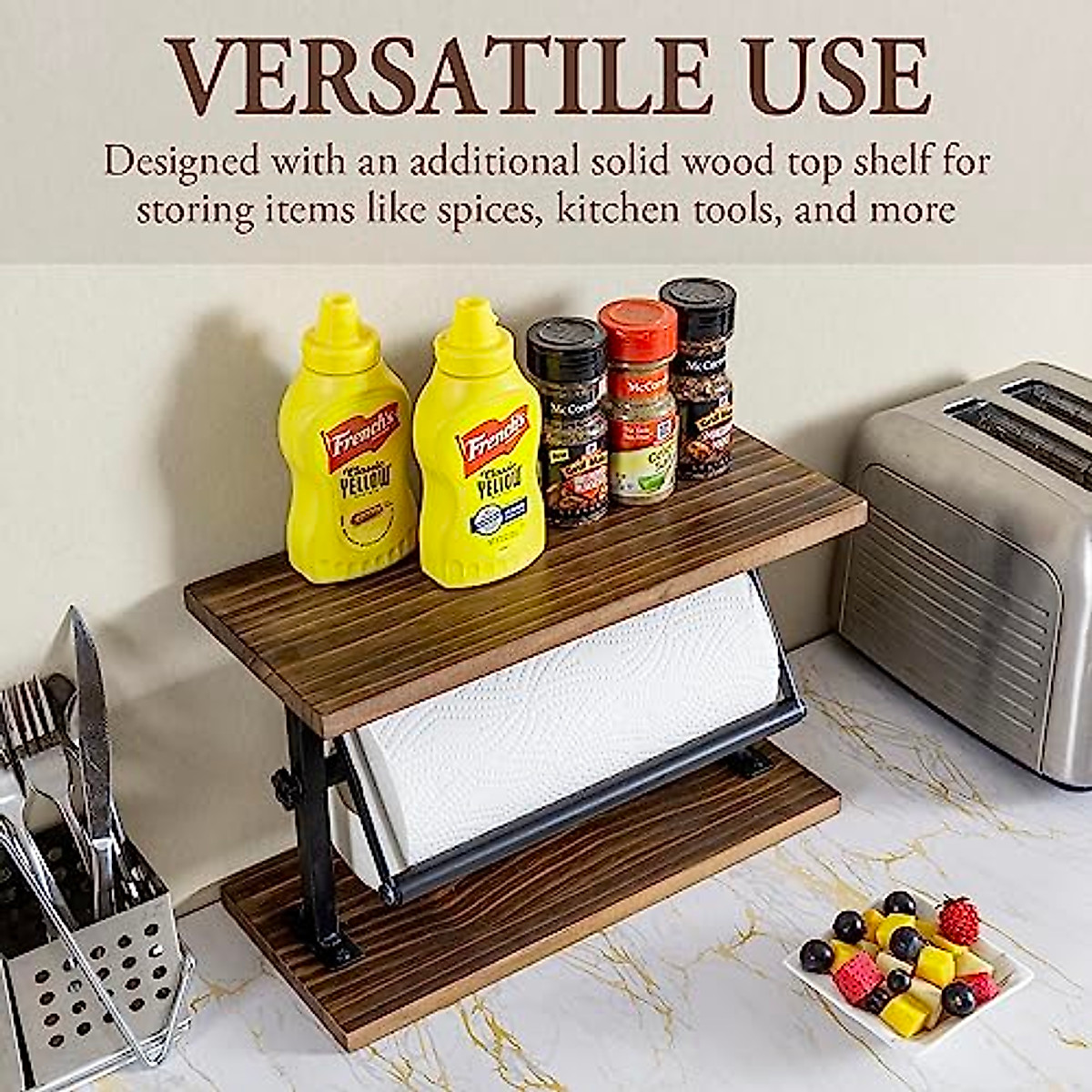 MyGift Kitchen Countertop Paper Towel Holder and Condiment Display Shelf Rack, Rustic Burnt Wood and Metal Towel Dispenser with Top Shelf for Bathroom or Kitchen