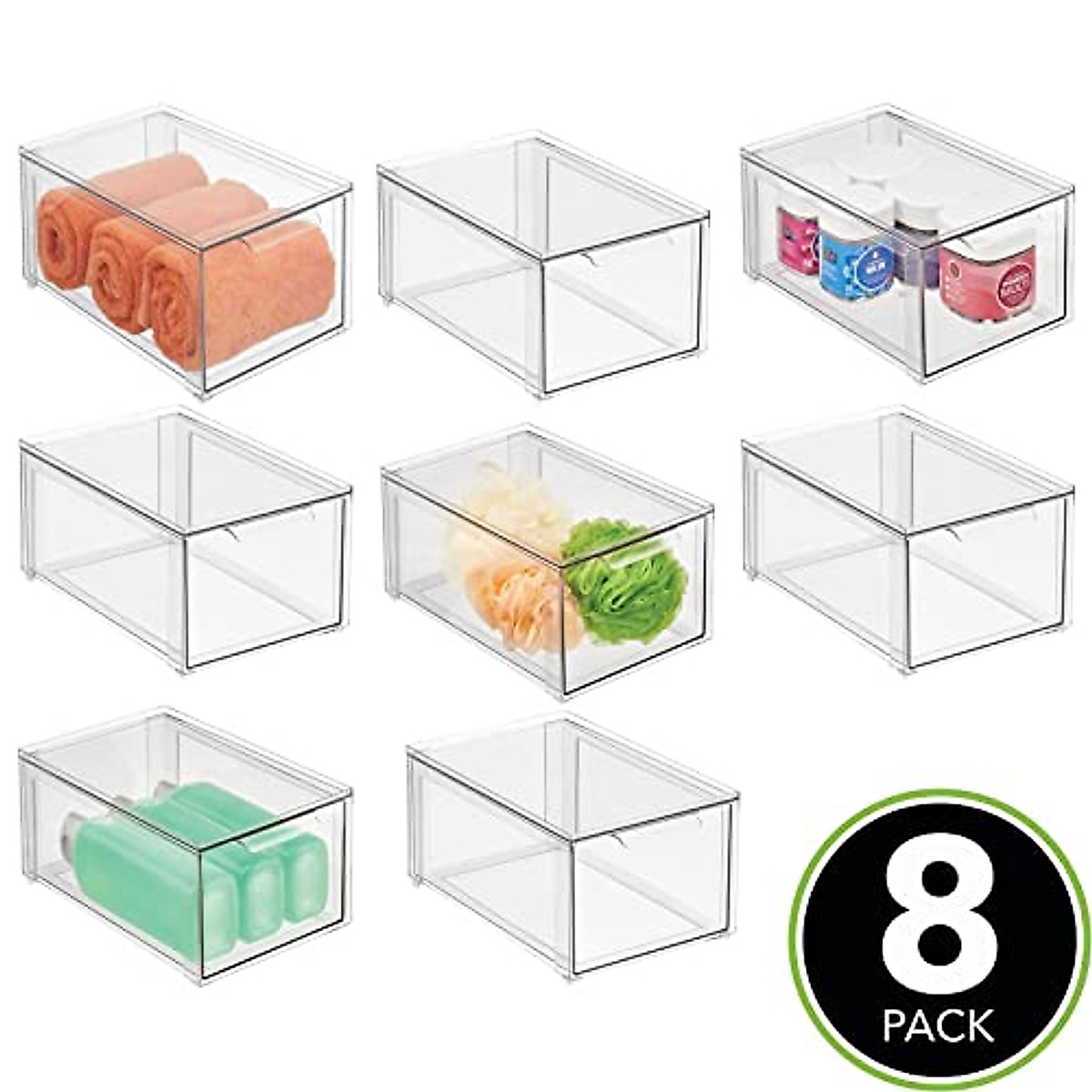 mDesign Plastic Stackable Bathroom Storage Organizer Bin with Pull Out Drawer for Cabinet, Vanity, Shelf, Cupboard, Cabinet, or Closet Organization - Lumiere Collection - 8 Pack - Clear