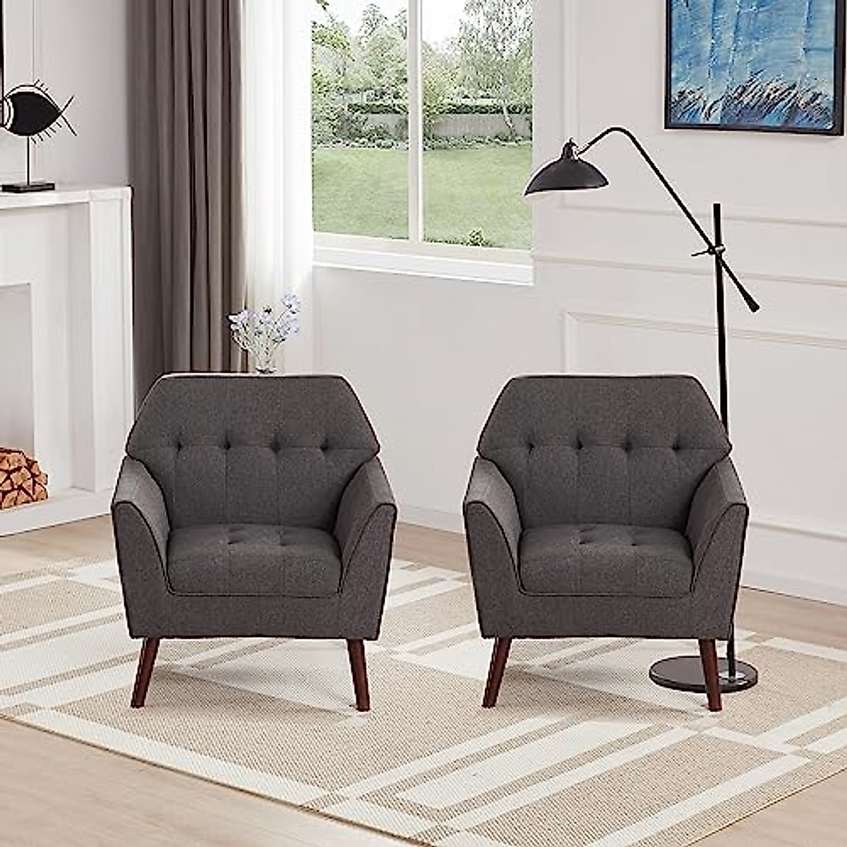 Kingfun Accent Chairs Set of 2 for Bedroom, Midcentury Modern Accent Arm Chair for Living Room, Linen Fabric Comfy Reading Chair, Tufted Comfortable Sofa Chair, Upholstered Single Sofa,Grey