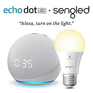 Echo Dot (4th Gen) with Clock | Glacier White with Sengled Bluetooth bulb | Alexa smart home starter kit