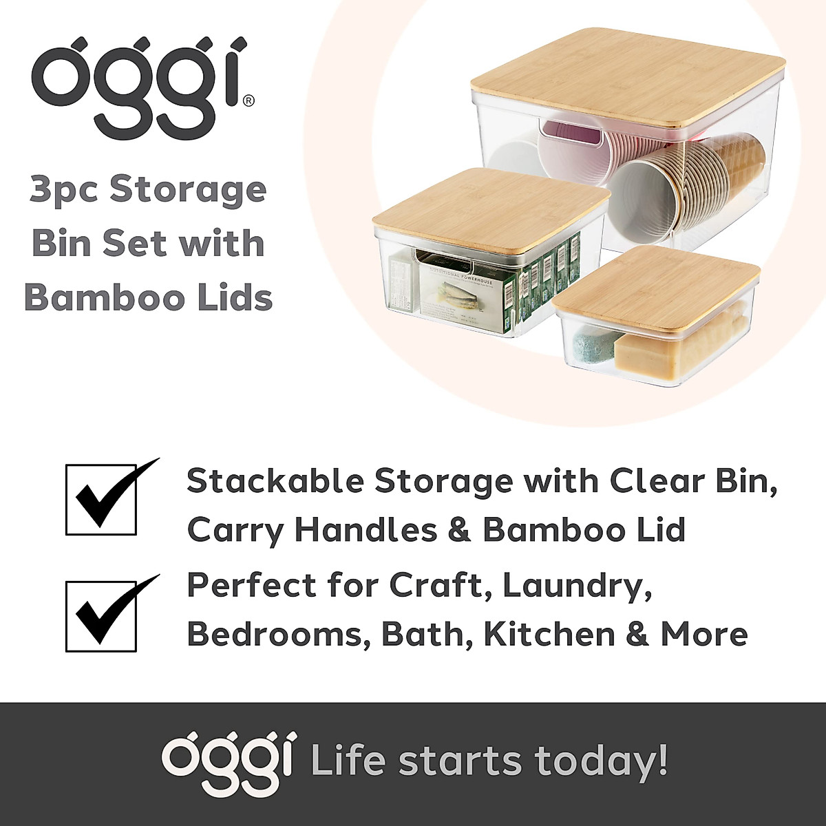 OGGI Clear Stackable Storage Bin with Bamboo Lid, Set of 3 - Ideal for Kitchen, Pantry, Cabinet, Bathroom, Bedroom, Kids, Refrigerator. With Handles & Lid - Organizer for Snacks, Toys, Crafts