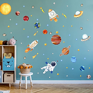 Yovkky Boys Outer Space Planet Astronaut Wall Decals Stickers, Watercolor Galaxy Solar System Spacecraft Rocket Cosmonaut Spaceship Nursery Decor, Home Classroom Decorations Kids Bedroom Playroom Art