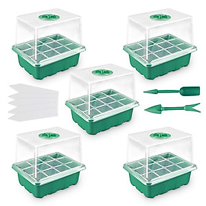 UNCLE.XIA 5 Pack Seed Trays Seedling Starter Tray Humidity Adjustable Plant Starting Kit with Dome and Base Greenhouse Grow Set Mini Propagator for Seeds Growing (60 Cells)