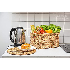 Natural Water Hyacinth Storage Basket with Handle, Rectangular Wicker Basket for Organizing, Decorative Wicker Storage Basket for Living Room, Medium Wicker Basket