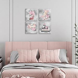 Wall Art Prints Pictures Pink Wall Decor for Bedroom Women Perfume Artwork Girl Bag Paintings for Wall Decorations 10"x 10"x 4 Pieces