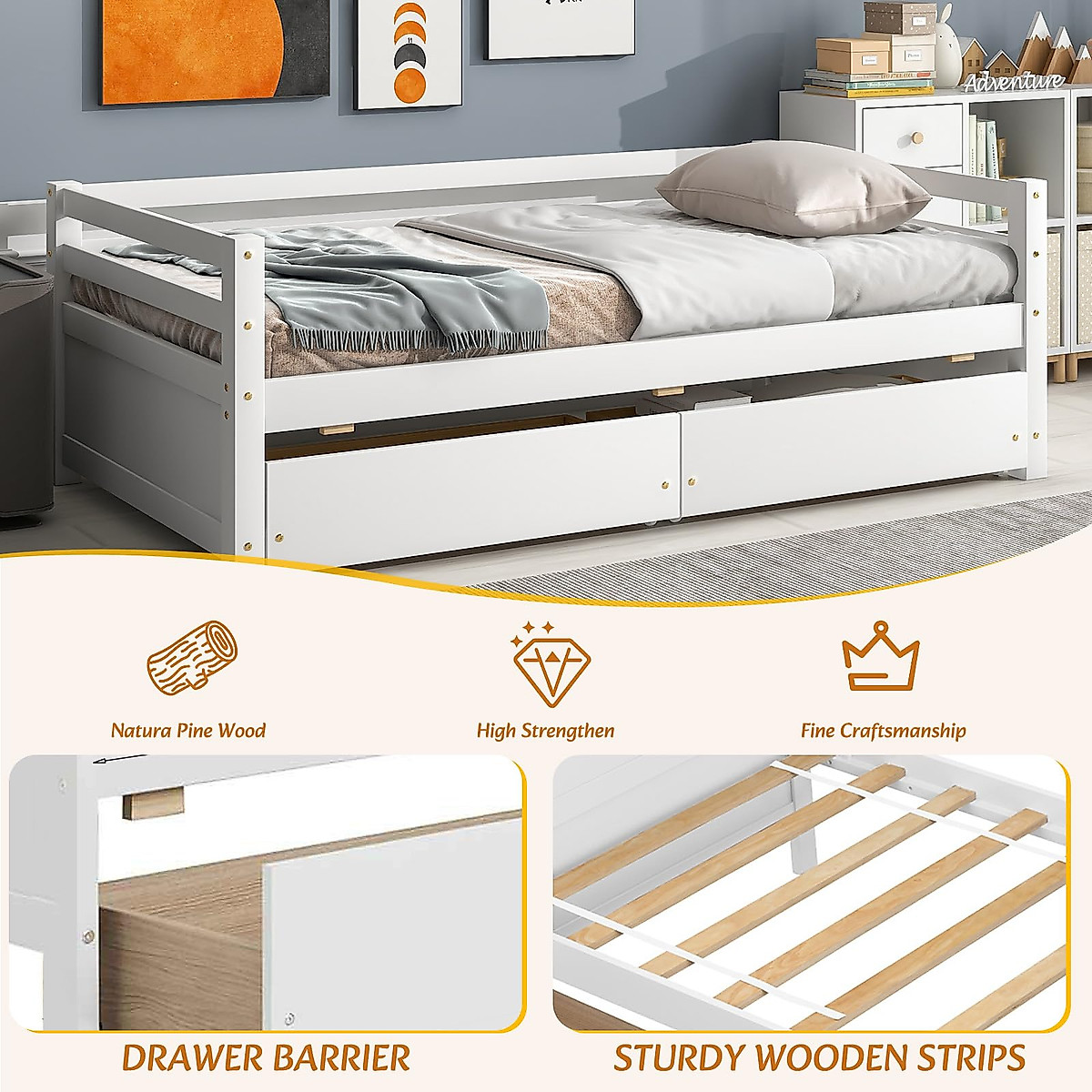 ROCKINGRUN Twin Daybed with 2 Storage Drawers,Pinewood Twin Size Daybed Frame with Guardrail,for Boys/Girls/Teens Bedroom, Easy to Assemble, No Box Spring Needed,White