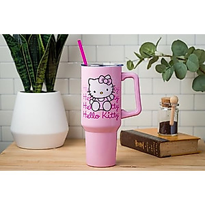 Silver Buffalo Sanrio Hello Kitty Waving Stainless Steel Tumbler with Handle and Straw, Fits in Standard Cup Holder, 40 Ounces
