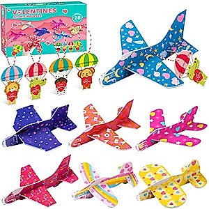Valentine’s Day Card for kids, 28 Pack Foam Airplanes Set with Valentines Greeting Cards for Boys Girls, Valentine Treat Bags Stocking Stuffers Classroom Prize Party Favors Toy Exchange Gifts