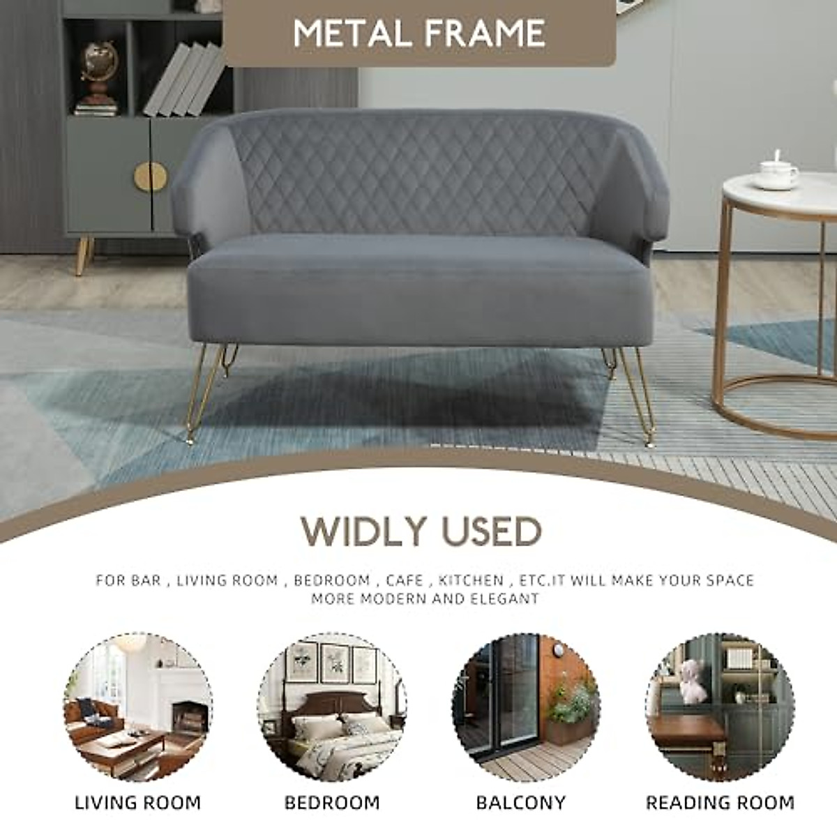 QQU Modern Velvet Loveseat Sofa, Comfy Upholstered Seat Couch with Metal Legs, 2-Seater Accent Sofa Chair, Living Room Sofa with Tufted Backrest, Grey