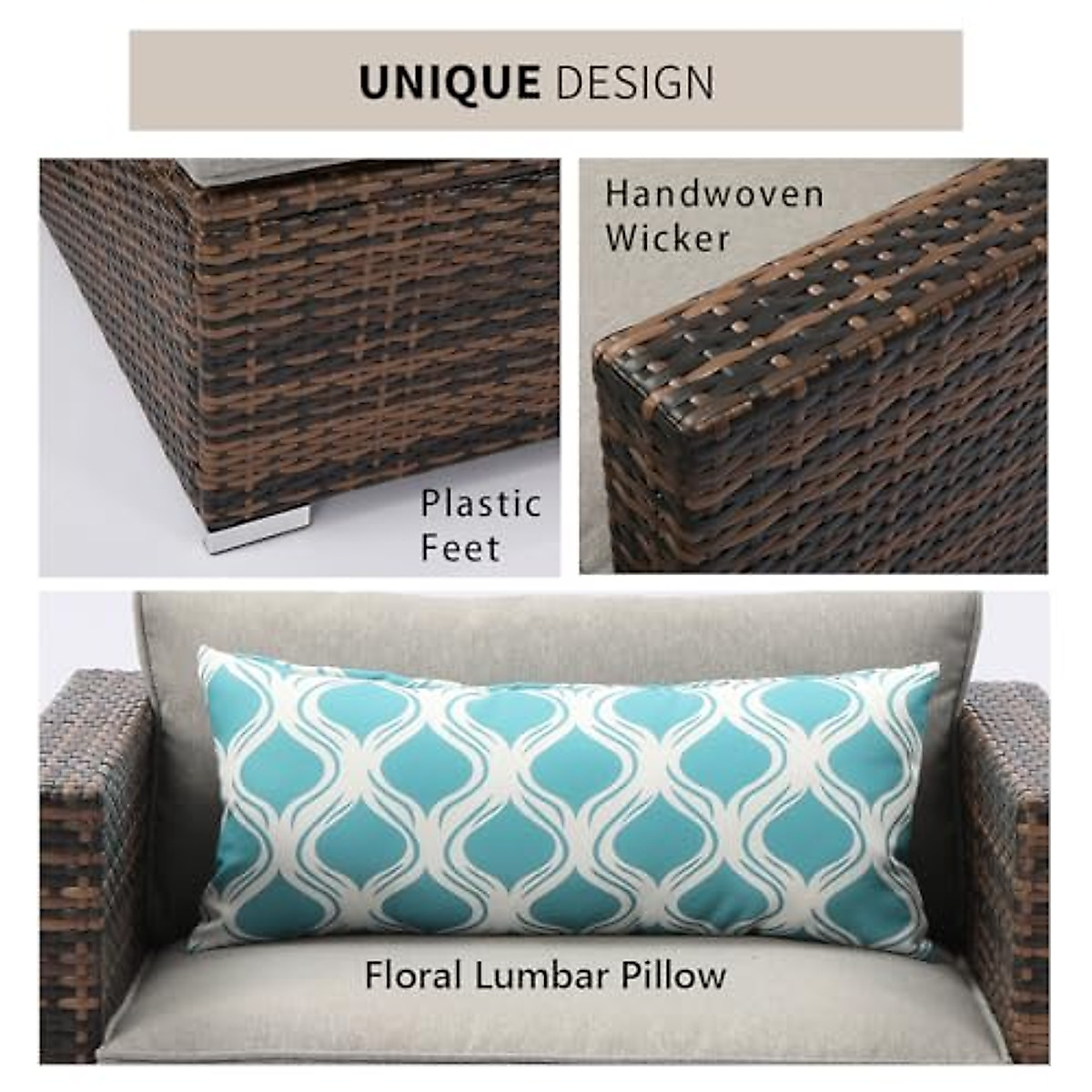 HOMPUS 6 Pieces Outdoor Furniture Set, All-Weather Patio Conversation Set Brown Handwoven Wicker w/Washable Gray Cushions, Glass Coffee Table, Modular Sectional Sofa Set for Backyard Garden Deck Pool