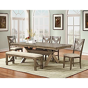 Roundhill Furniture Raven Wood 6-Piece Set, Extendable Trestle Dining Table with 4 Chairs and Bench, Glazed Pine Brown