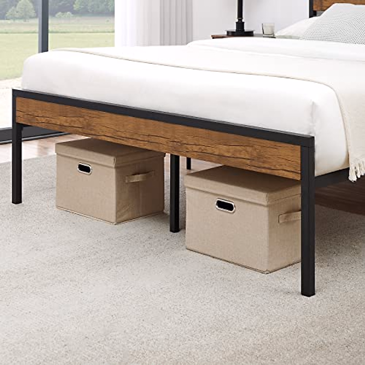 Alkmaar Bed Frame with Wood Headboard and Metal Slats Support Platform Bed Frame with Storage No Box Spring Needed (Queen) Black