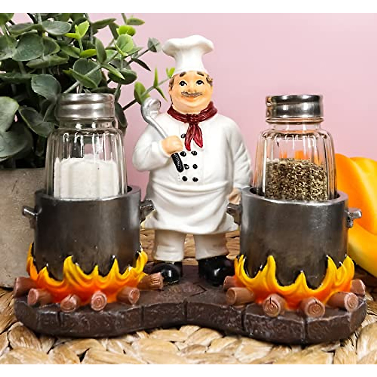 Set Of 1 Standing Chef With Flaming Pots Salt And Pepper Shakers