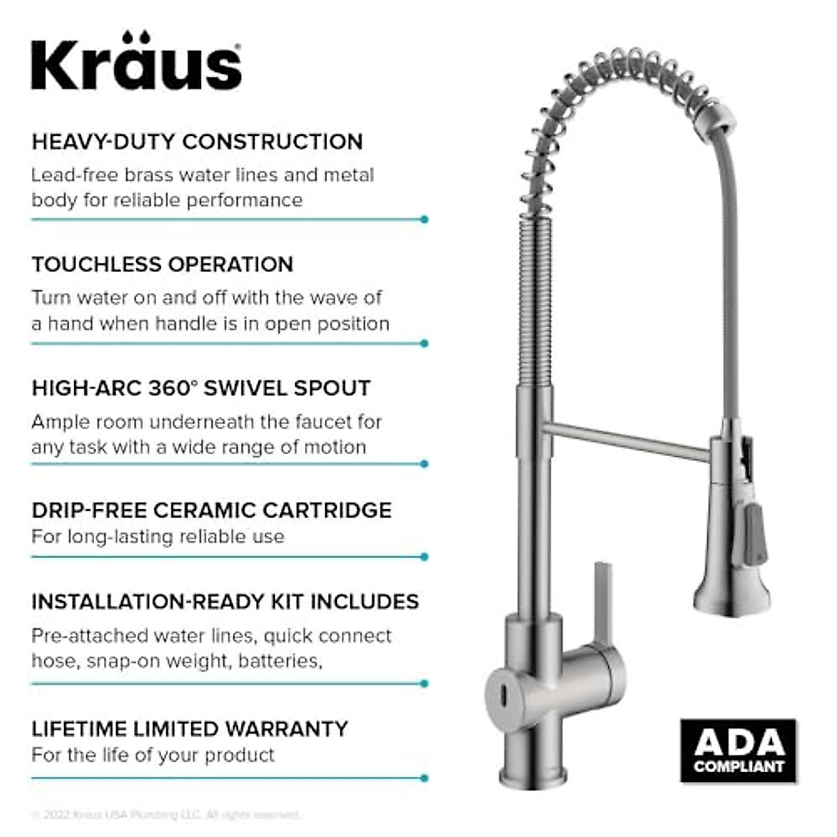 KRAUS Britt Touchless Sensor Commercial Pull-Down Single Handle Kitchen Faucet in Spot Free Stainless Steel, KSF-1691SFS