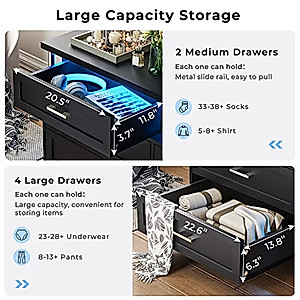 VIAGDO Dresser for Bedroom, 6 Drawer Dresser with LED Light, Modern Chest of Drawers, Wood Black Dresser for Living Room, Entryway and Hallway