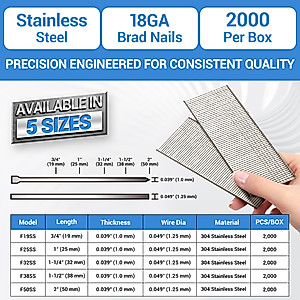 meite 18 Gauge Stainless Steel Brad Nails, 2 Inch 18GA Brad Nails, 304 Stainless Steel Small Finishing Nail Gun Nails for Pneumatic, Electric Brad Nailer Gun (2,000 Counts)