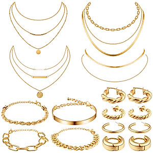 Tiamon 12 Pcs Gold Silver Jewelry Sets for Women Layered Set of Earring Necklace Bracelets for Teen Girl Men Jewelry Gifts(Gentle Style)