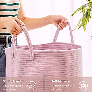 MOJOSCEND Pink Laundry Basket Hamper for Girls Kids Baby, 15Dx20H Inches Large Nursery Hamper Bin, Woven Storage Basket for Living Room Girls room, Boho Tall Rope Baskets for Blanket Toys-Large