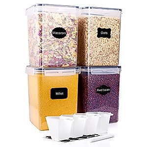 Pantry Organization and Storage Set 4 Pieces Kitchen Containers with Lids Large 5.2L Dry Food Storage Containers Airtight Bulk Plastic Flour Sugar Containers with Measuring Spoon,Labels