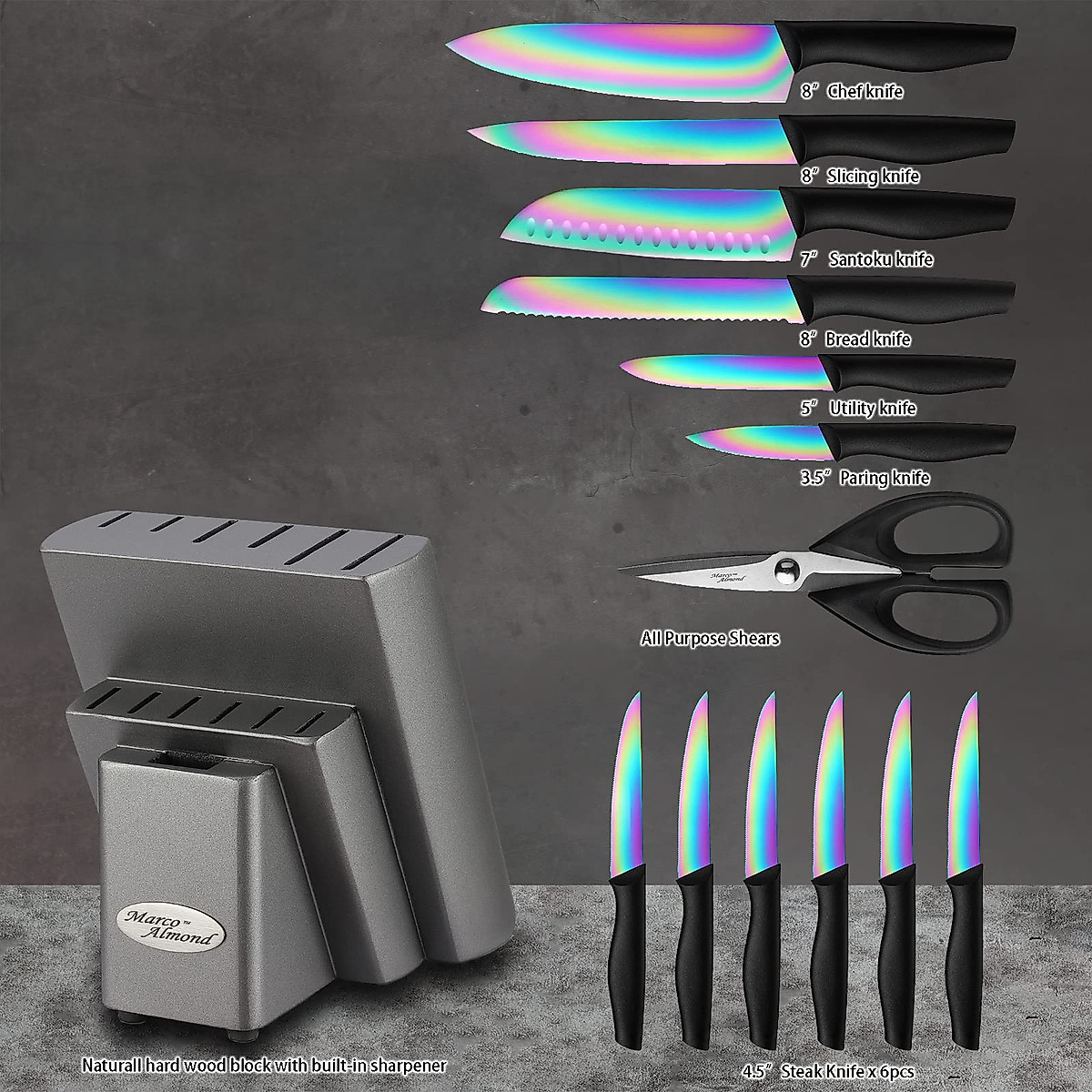 KYA25 Rainbow Color Knife Block Set + KYA52B 7 PCS Stainless Steel Cooking Utensils Sets with Titanium Plated + KYA57 rainbow Color box grater