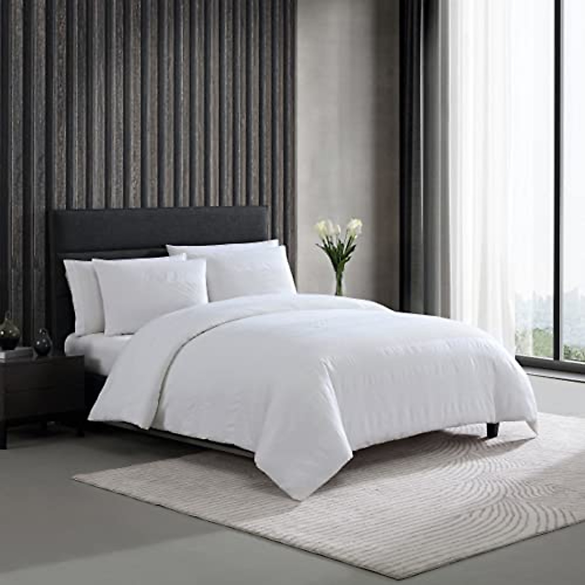 Vera Wang - King Duvet Cover Set, Luxury Cotton Bedding with Matching Shams, All Season Home Decor (Waffle Stripe White, King)
