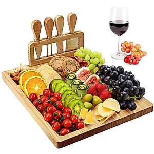 Bamboo Cheese Board and Knife Set, 14” x 11”Cheese Tray Platter Servers with Magnetic Knife Holder Charcuterie Boards Gift Set for Wedding,Christmas and Housewarming Gift