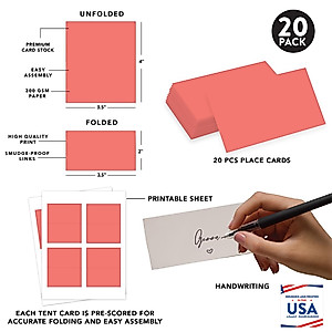 Andaz Press Table Tent Printable Place Cards, Coral 20-Pack, Seat Placement Cards Blank Place Cards For Table Settings Name Cards for Baby Bridal Wedding Shower, School Graduation Food Cards