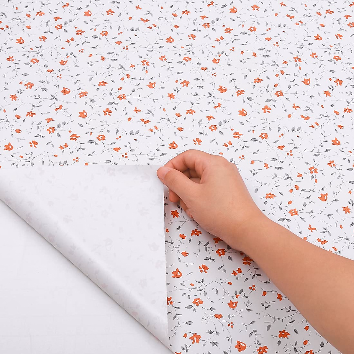Orange Floral Self Adhesive Vinyl Drawer Shelf Liner Contact Paper for Lining Kitchen Cabinets Shelves Drawer Dresser Furniture Wall Arts and Crafts