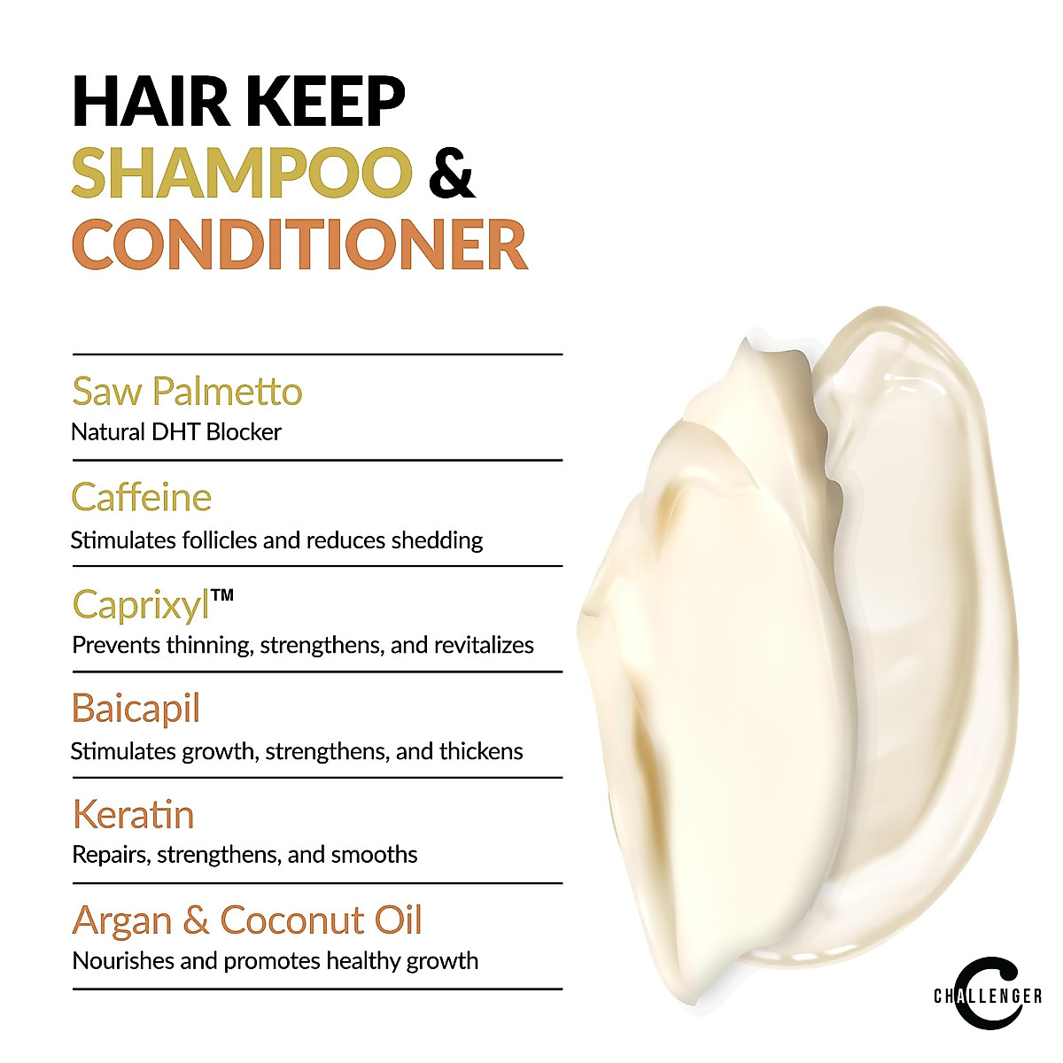Challenger Men's Hair Keep Shampoo & Conditioner, 2X 10 Oz Bottles | Hair Growth Combo | DHT Blockers| w/Baicapil, Capixil, Rejuvasoft, HairSpa | Caffeine, Biotin, Argan Oil, Coconut Oil & more!