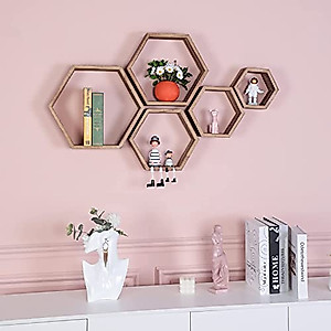 Hexagon Floating Shelves,Wall Mounted Wood Farmhouse Storage Honeycomb Wall Shelf Set of 5,for Bathroom, Kitchen, Bedroom, Living Room,Office,Home Room Wall Decor Driftwood Finish (Carbonized Black)