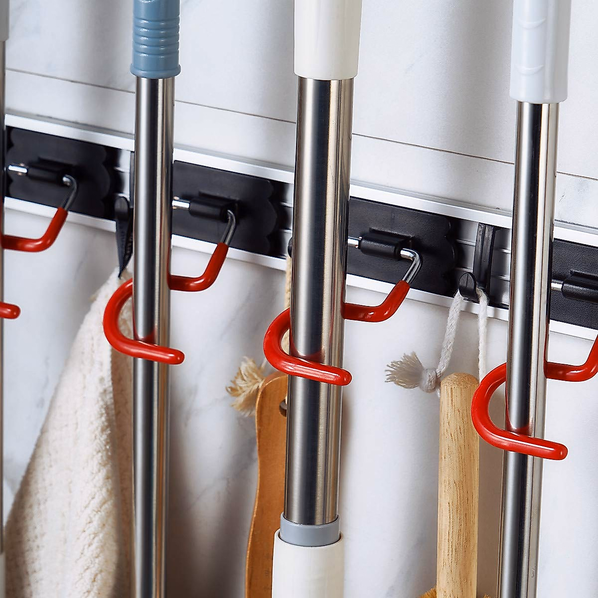 QBOSO Wall Mounted Mop and Broom Holder Stainless Steel S Type Broom Rack Anti-Slip Mop Organizer (17 Inches ,4 Positions 3 Hooks , Red black)