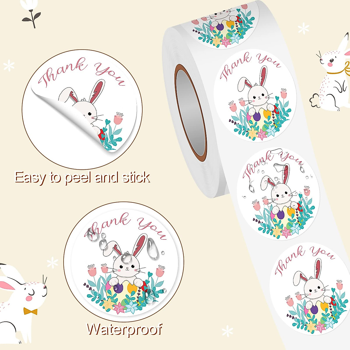 Acetiamin Thank You Sticker Rolls, 1.5 Inches 500 PCS Easter Stickers for Small Business, Round Bunny Stickers for Goodie Bags, Gift Favors Box, Cards, Beer Bottle, Party Supplies