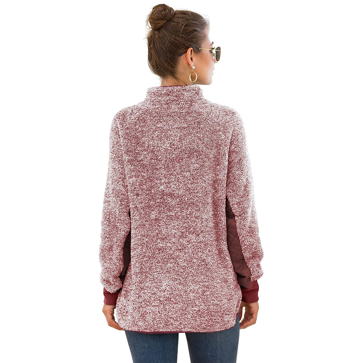 VIISHOW Women Long Sleeves Color-block Asymmetrical Paneled Long Sleeve Sweatshirt Pocket Sherpa Fleece Pullover Coat Jujube Red XX-Large