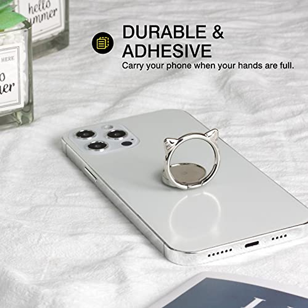 [2 Pack] Cat Ears Glossy FinishCell Phone Ring Holder Stand, 360 Degree Rotation Finger Ring Kickstand with Polished Metal Phone Grip for Magnetic Car Mount, Smartphone Accessories（Silver