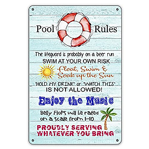 QIONGQI Funny Pool Rules Metal Tin Sign Wall D閏or Blue Sign for Home Swimming Pool Indoor Outdoor Decor