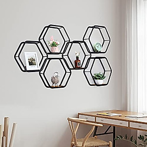 YBING Hexagon Floating Shelves Metal Black Honeycomb Shelves for Wall Metal Storage Hexagon Wall Shelves Set of 6 Hexagonal Floating Wall Mounted Storage Shelves for Living Room Bedroom