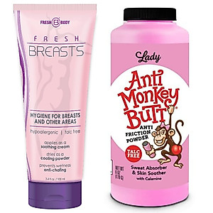 Ladies No Sweat Bundle: Lady Anti-Monkey Butt Powder (6oz) and Fresh Breasts Lotion, The Solution for Women (3.4 OZ tube)