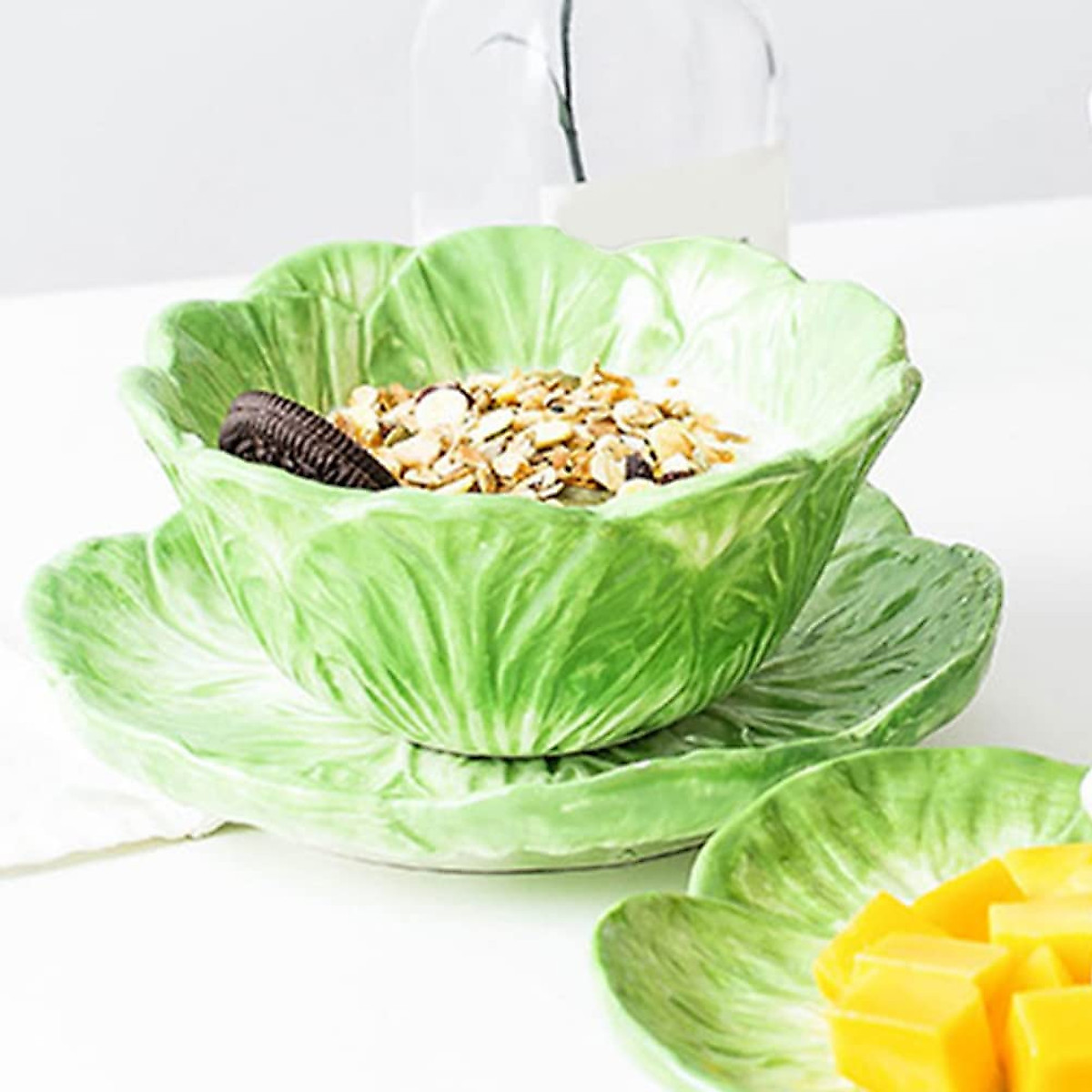 GANAZONO 1 Set Ceramic Cabbage Bowl with Plate Fruit Salad Bowl Cartoon Dinner Plate Soup Bowls Easter Food Snack Container for Kitchen Green Ramen Bowl