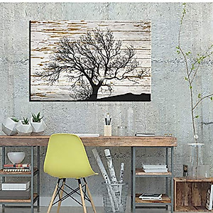 sechars - Black and White Tree in Sunrise on Rustic Wooden Background Canvas Print Winter Landscape Picture Canvas Prints Framed Ready to Hang Modern Living Room Home Ofiice Bedroom Wall Decor 24x36