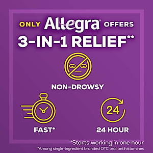 Allegra Adult 24HR Non-Drowsy Antihistamine, 45 Tablets, Fast-acting Allergy Symptom Relief, 180 mg