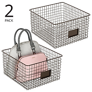 mDesign Wide Metal Farmhouse Storage Organizer Bin Baskets with Label Slot for Closet, Cabinet, Cupboard - Wire Organizing Basket Holds Clothing, Linens, Shoes, Omaha Collection, 2 Pack, Bronze