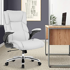 400lbs Big and Tall Office Chair Ergonomic Adjustable Rolling Swivel PU Leather Desk Chair with Padded Flip-up Armrest, High Back Executive Lumbar Support Task Work Chair for Heavy People,White