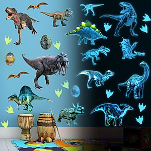 Dinosaurs Wall Decals Glow in The Dark Dinosaur Wall Stickers Removable Tyrannosaurus Wall Decor Dinosaur Eggs and Paw Print Wall Mural for Kids Nursery Living Room Bedroom Classroom Home Decoration